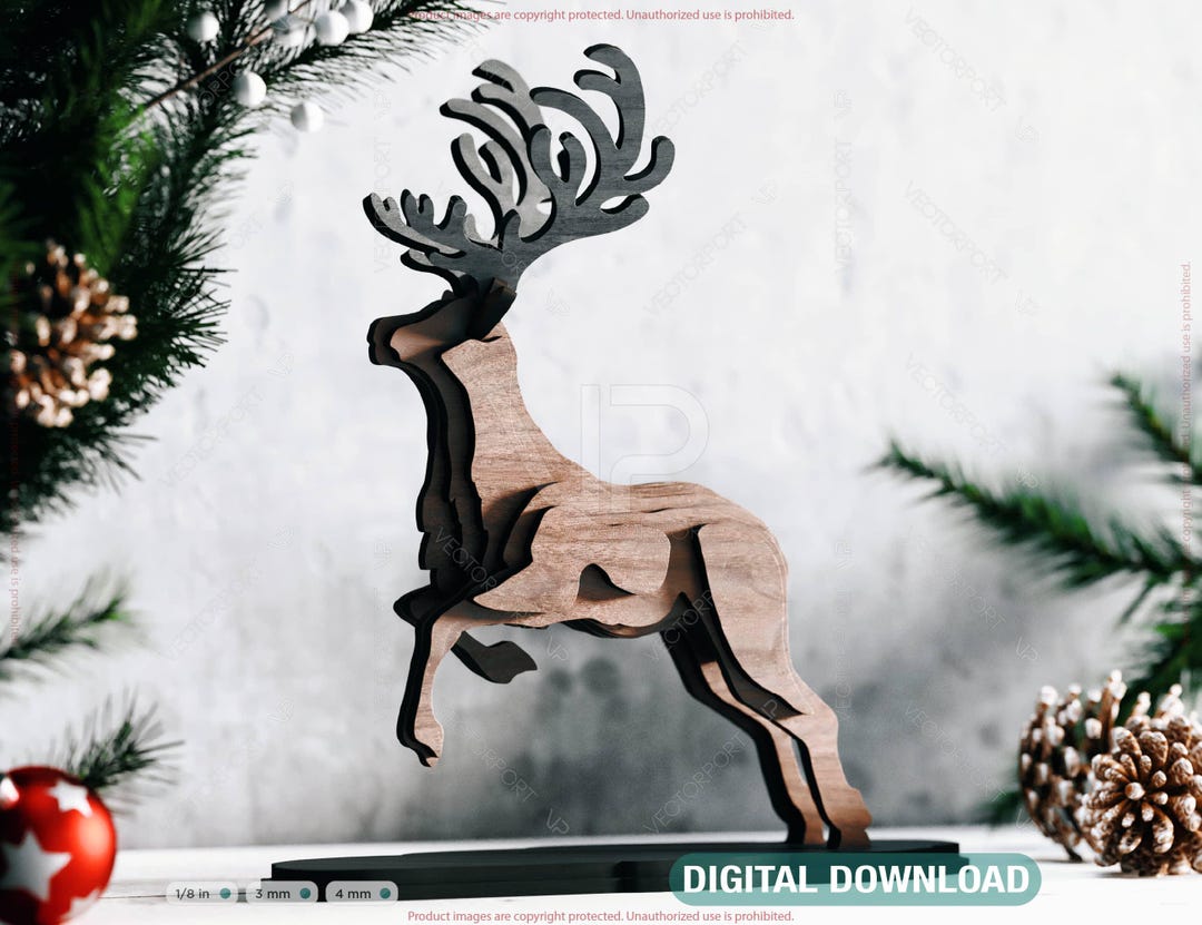 Majestic 3D Reindeer: Laser-cut Wooden Tabletop Décor Standing Reindeer ...