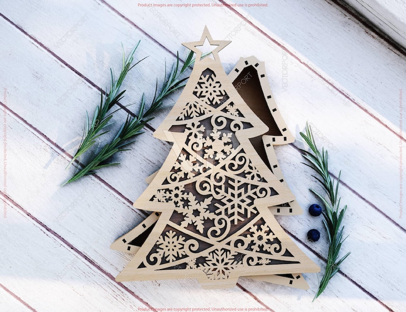 Christmas Tree Box With Snowflake Lid Elegant Laser-cut Plywood Rustic ...
