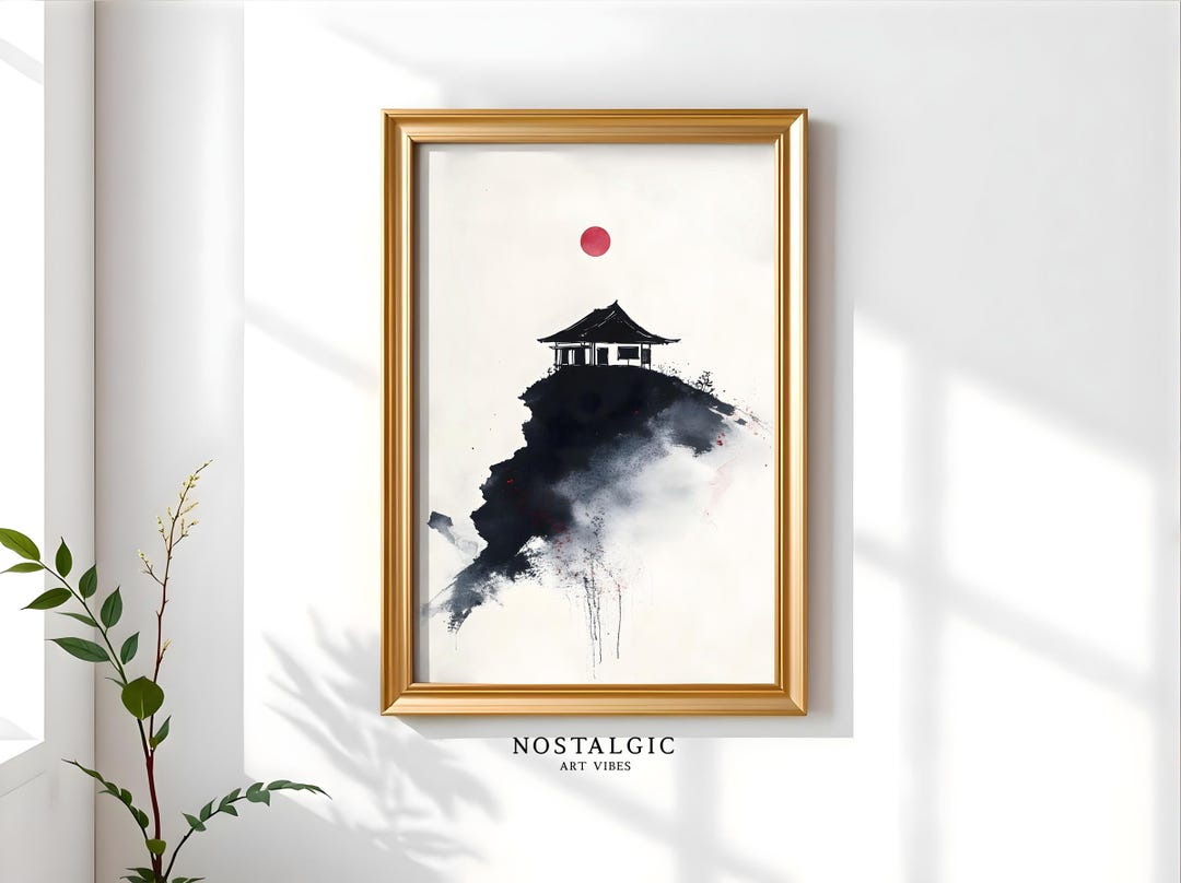 Sumi-e Ink Painting Japanese Rustic House, Japanese Watercolor Wall Art ...
