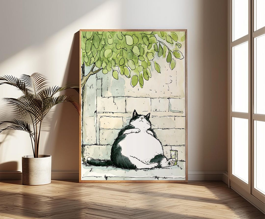 Fat Cat Wall Art, Black and White Cat Art, Cozy Cat Art, Chunky Cat ...