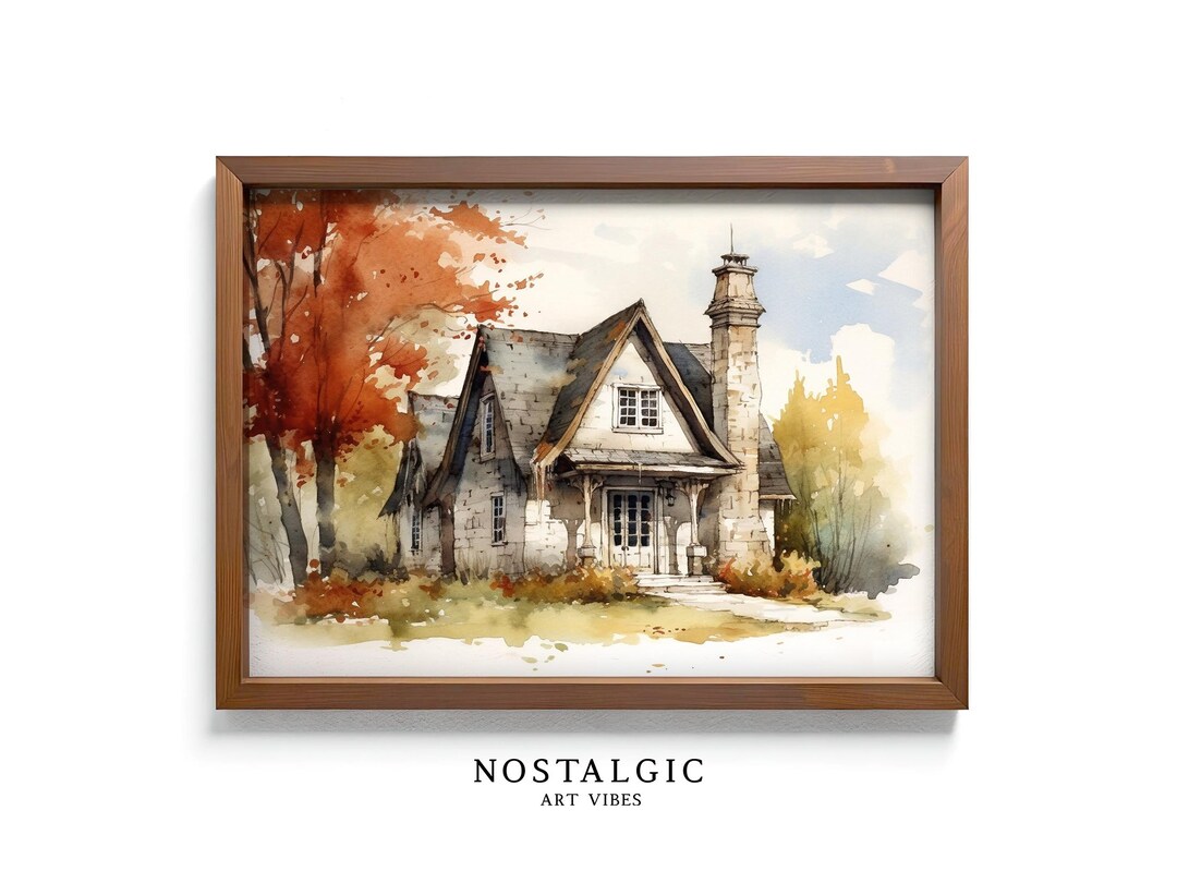 Digital Download, Cozy Cottage Watercolor Print, Rustic Autumn House ...