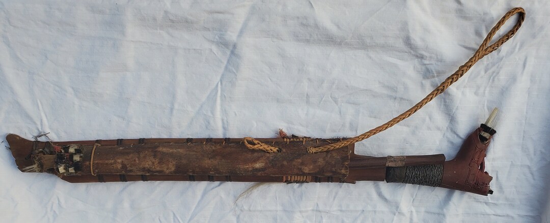 Vintage Antique Dayak Madau Headhunter Double Blade Weapon Spear Sheath ...
