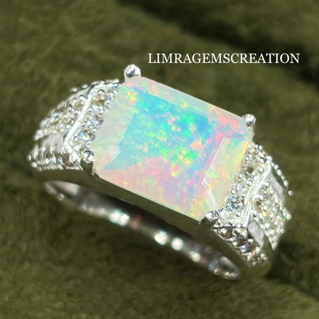 Emerald Cut Fire Opal Men Women Engagement Ring, Nature Inspired Fire ...