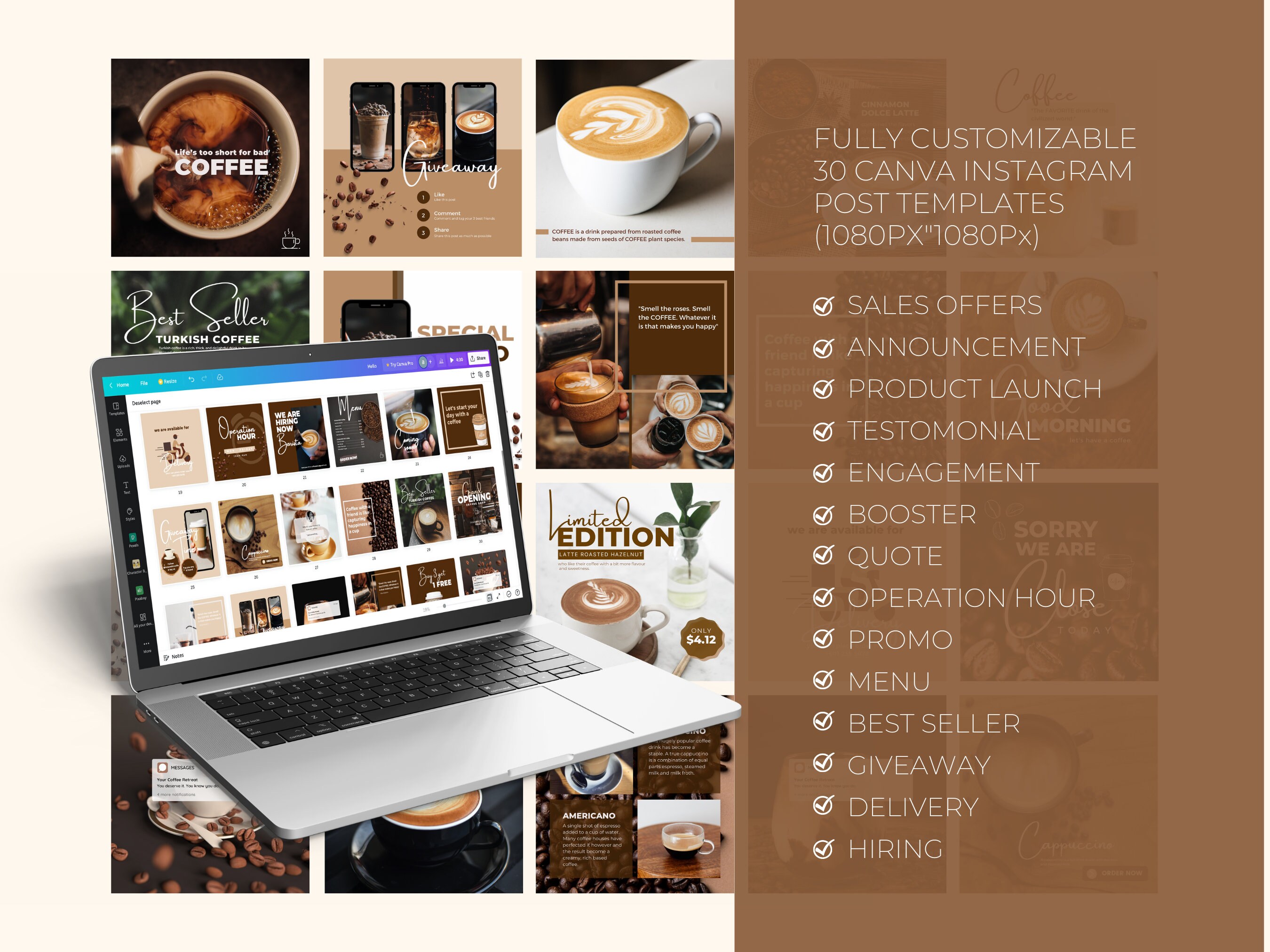 50 Coffee Instagram Post Template, Brown Aesthetics Coffee Template ...