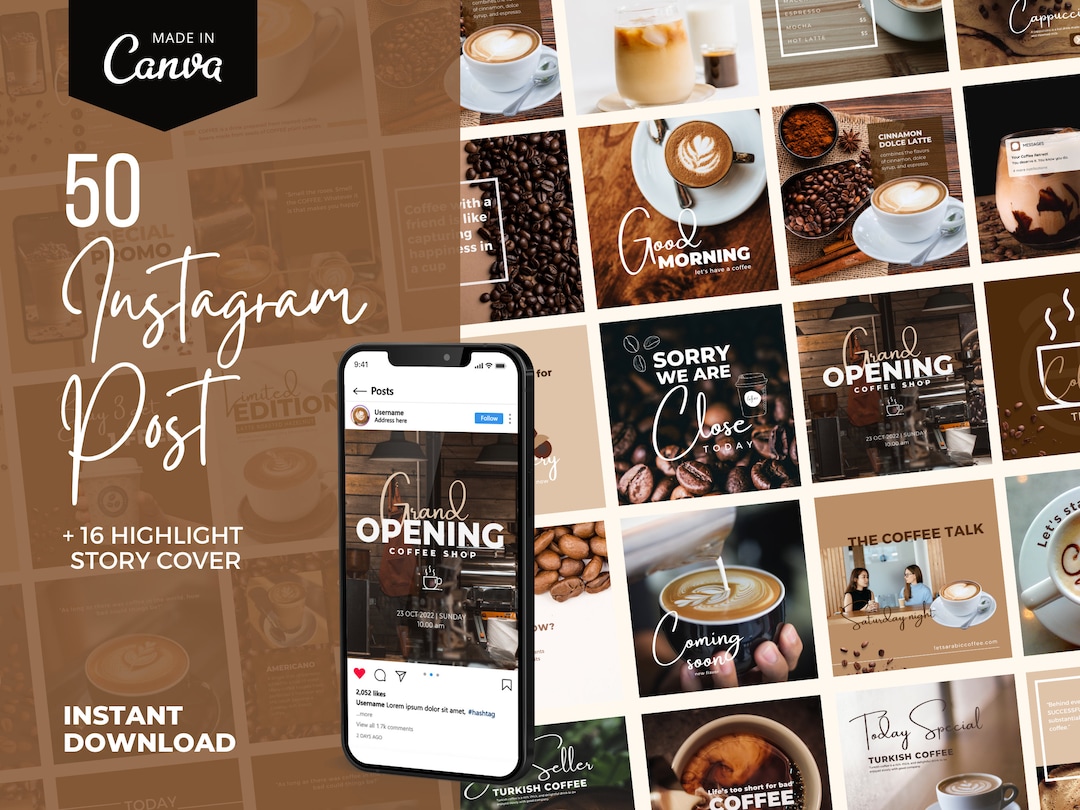 50 Coffee Instagram Post Template, Brown Aesthetics Coffee Template ...
