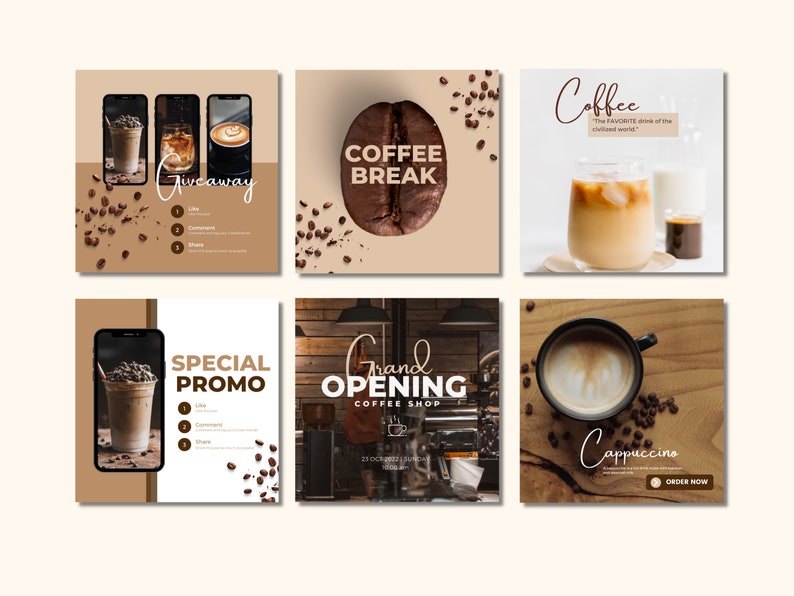 50 Coffee Instagram Post Template, Brown Aesthetics Coffee Template ...