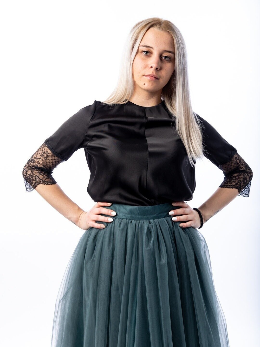 Black Woman Satin Top | Elegant Satin Blouse With Lace Sleeves & Side ...