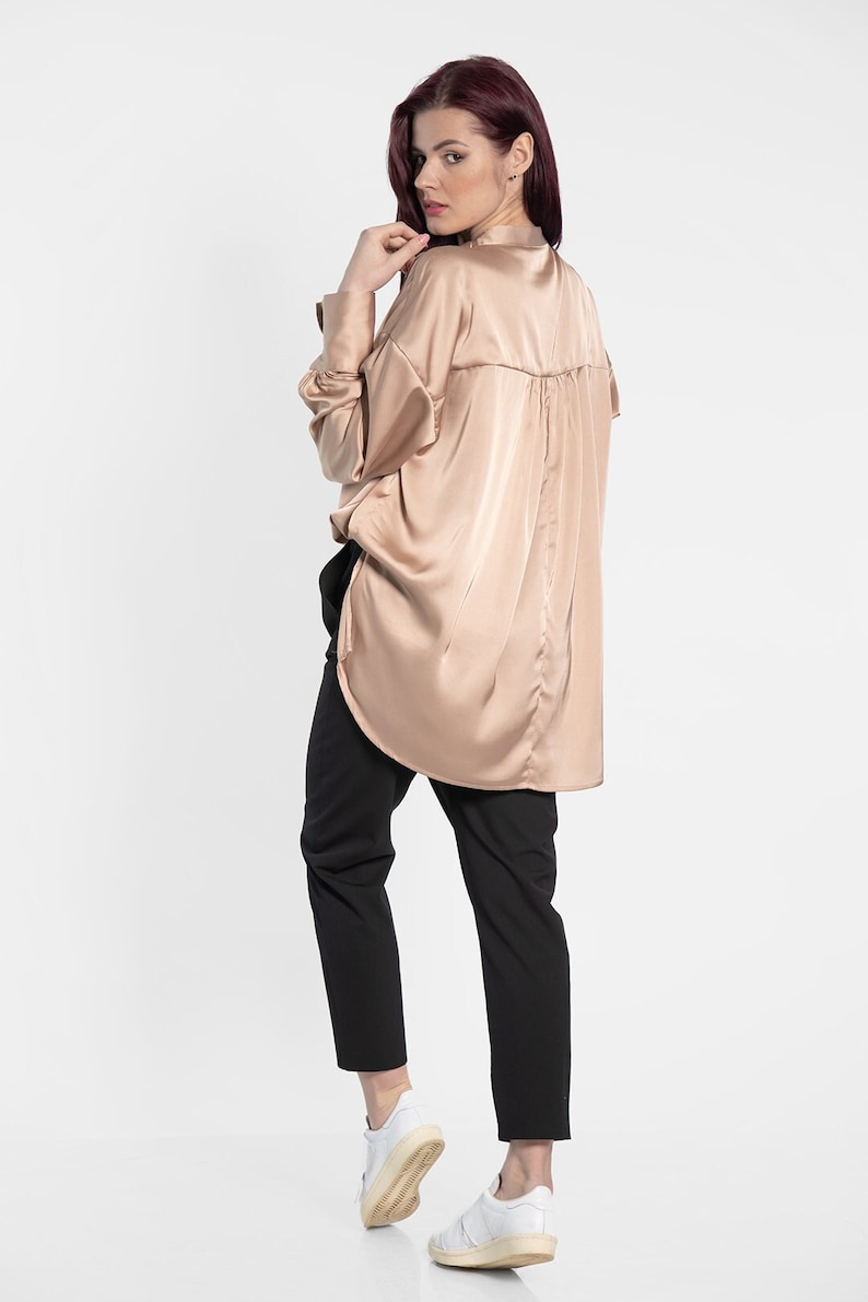 Beige Satin Tunic Top: Oversized Elegant Blouse, Versatile Women's Wear ...