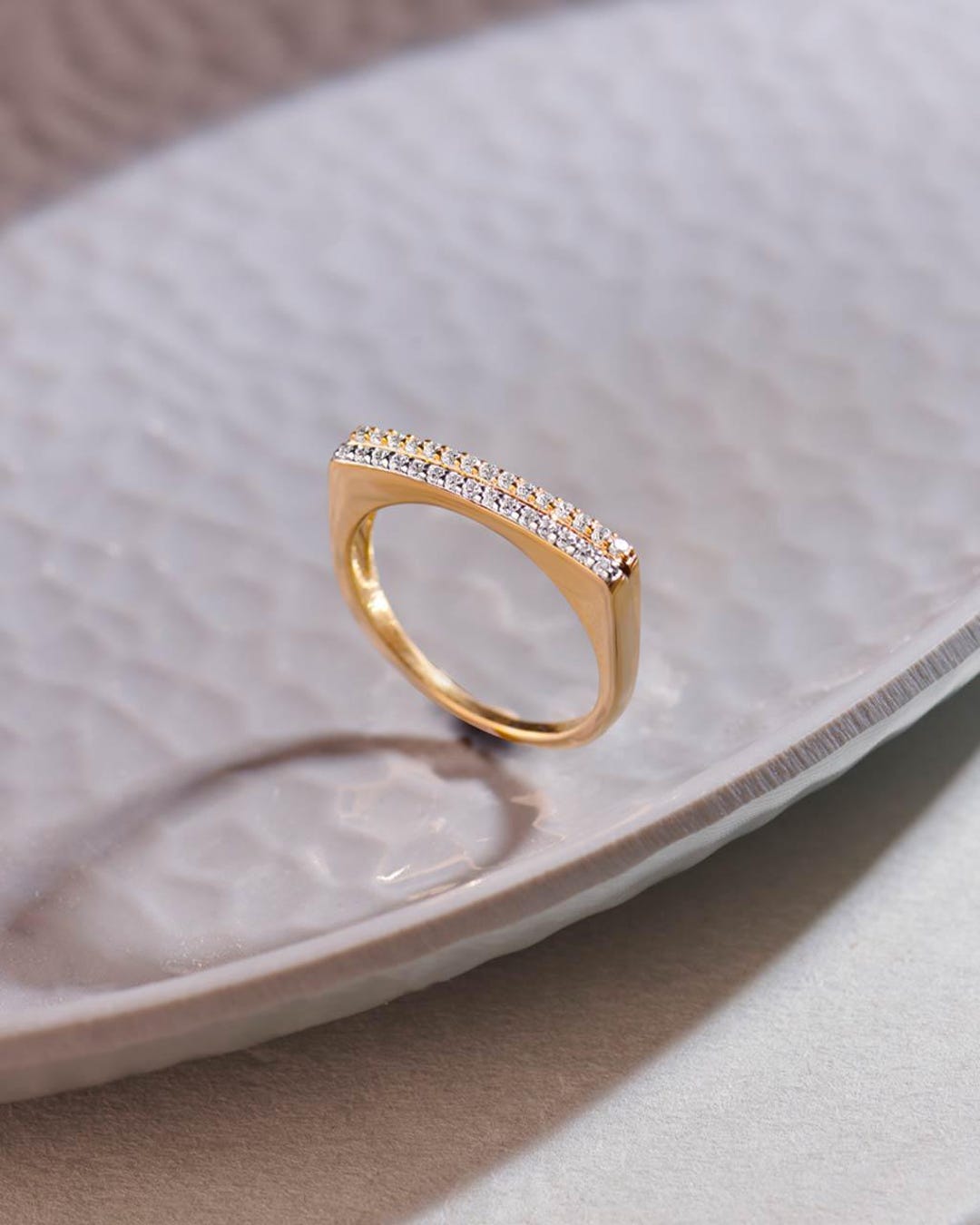 Gold Flat Bar Ring, 14K Solid Gold Bar Ring, Pave Cubic Zirconia Bar ...