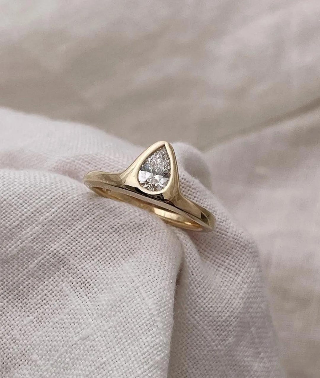 Pear Bezel Set Moissanite Engagement Ring, 14k Yellow Gold Handmade ...