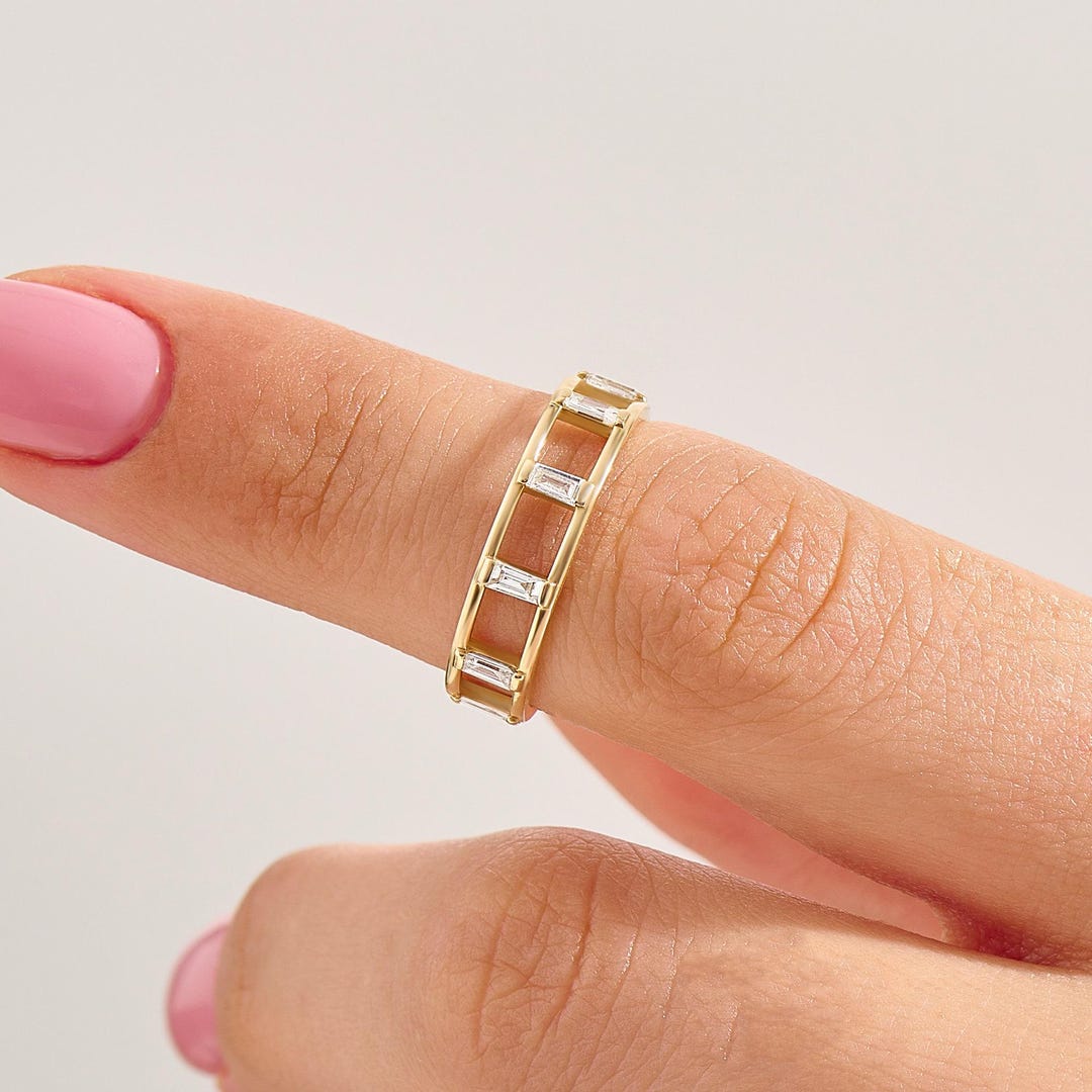 14k Solid Gold Baguette Diamond Eternity Ring, Ladder Design Wedding ...