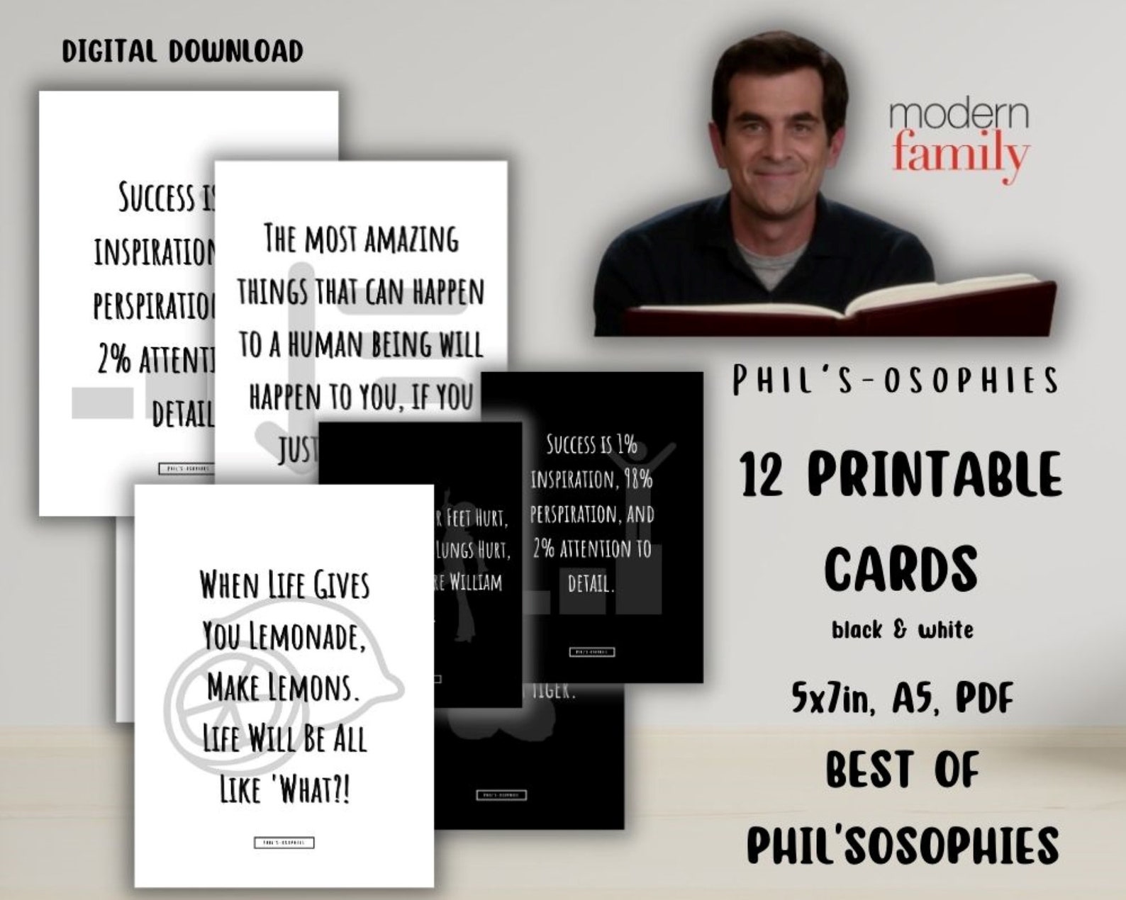 PHIL'S-OSOPHY 12 Printable Cards, Modern Family Phil Dunphy Quotes ...