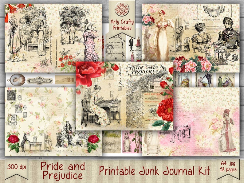 Pride and Prejudice 58 Page Junk Journal Printable Kit, Jane Austen ...