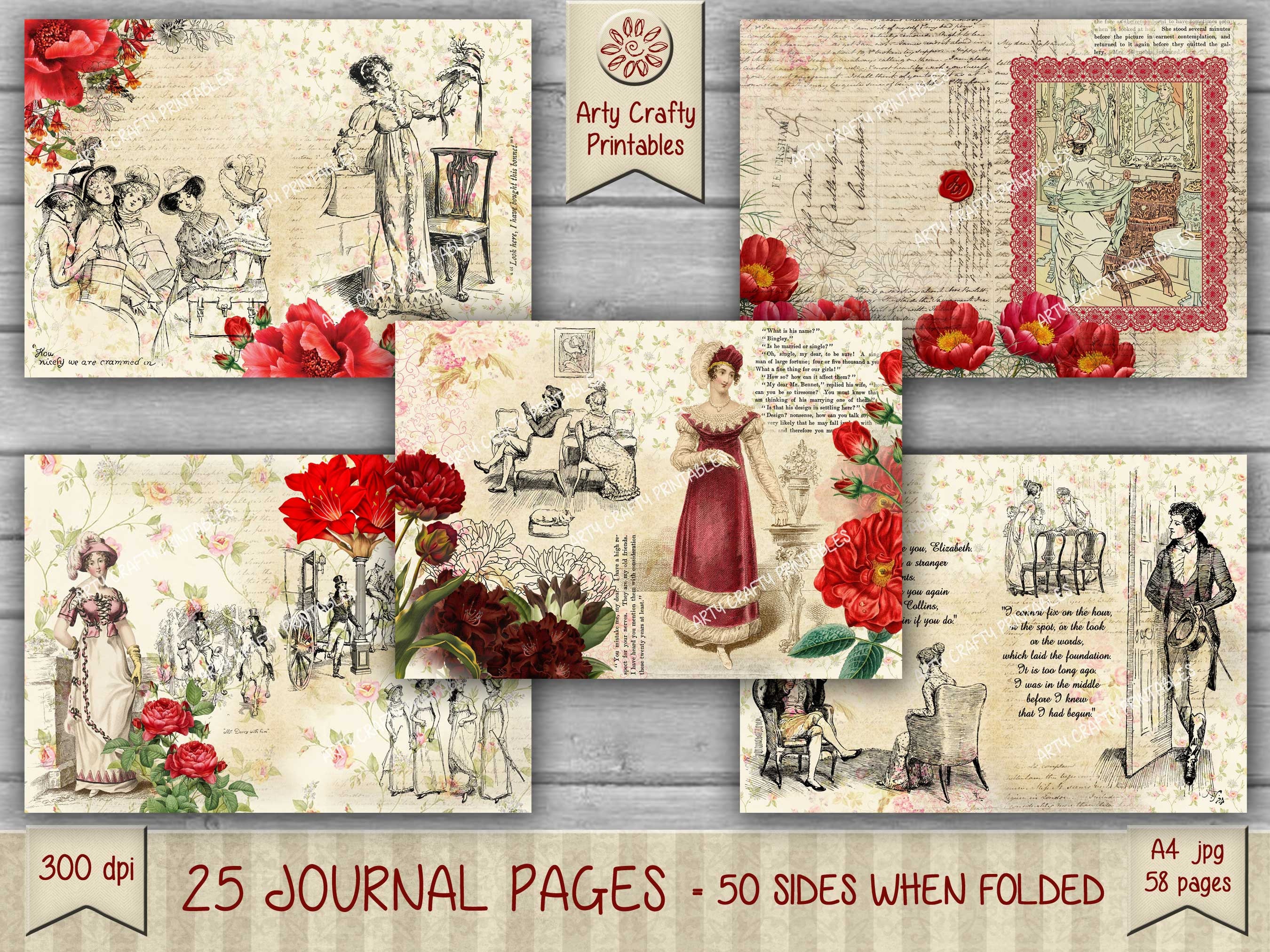 Pride and Prejudice 58 Page Junk Journal Printable Kit, Jane Austen ...