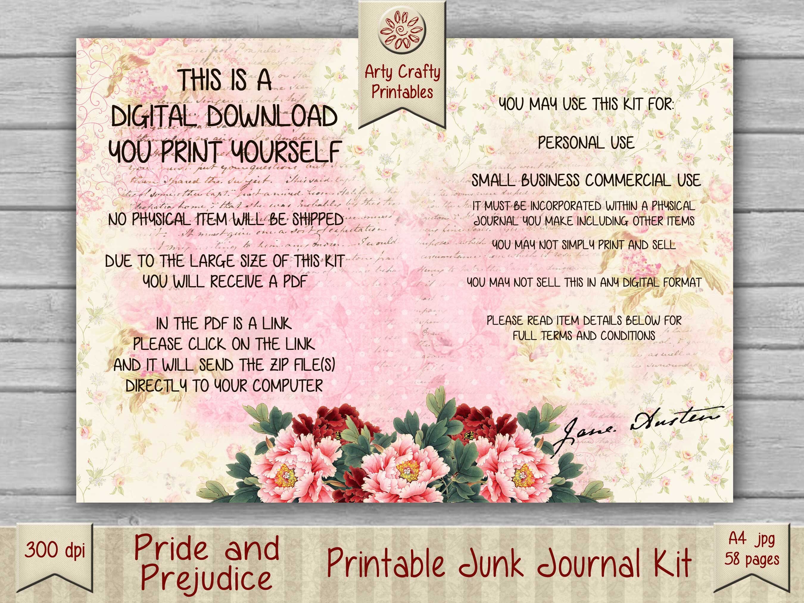Pride and Prejudice 58 Page Junk Journal Printable Kit, Jane Austen ...