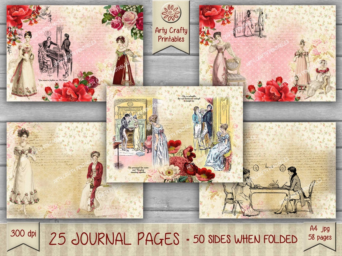 Pride and Prejudice 58 Page Junk Journal Printable Kit, Jane Austen ...