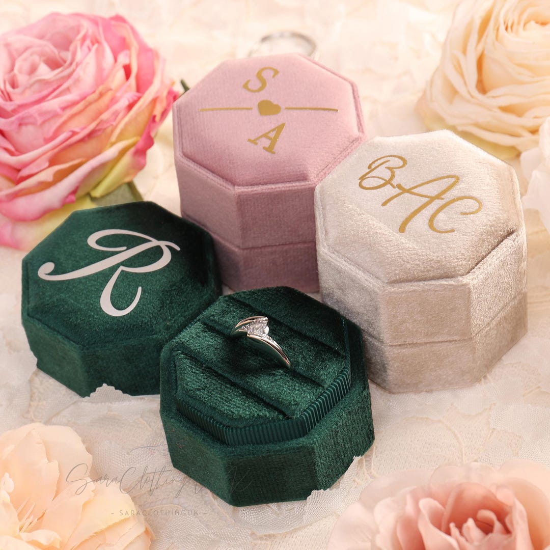 Engagement Ring Box, Triple Slot Velvet Ring Box, Monogram Wedding Ring ...