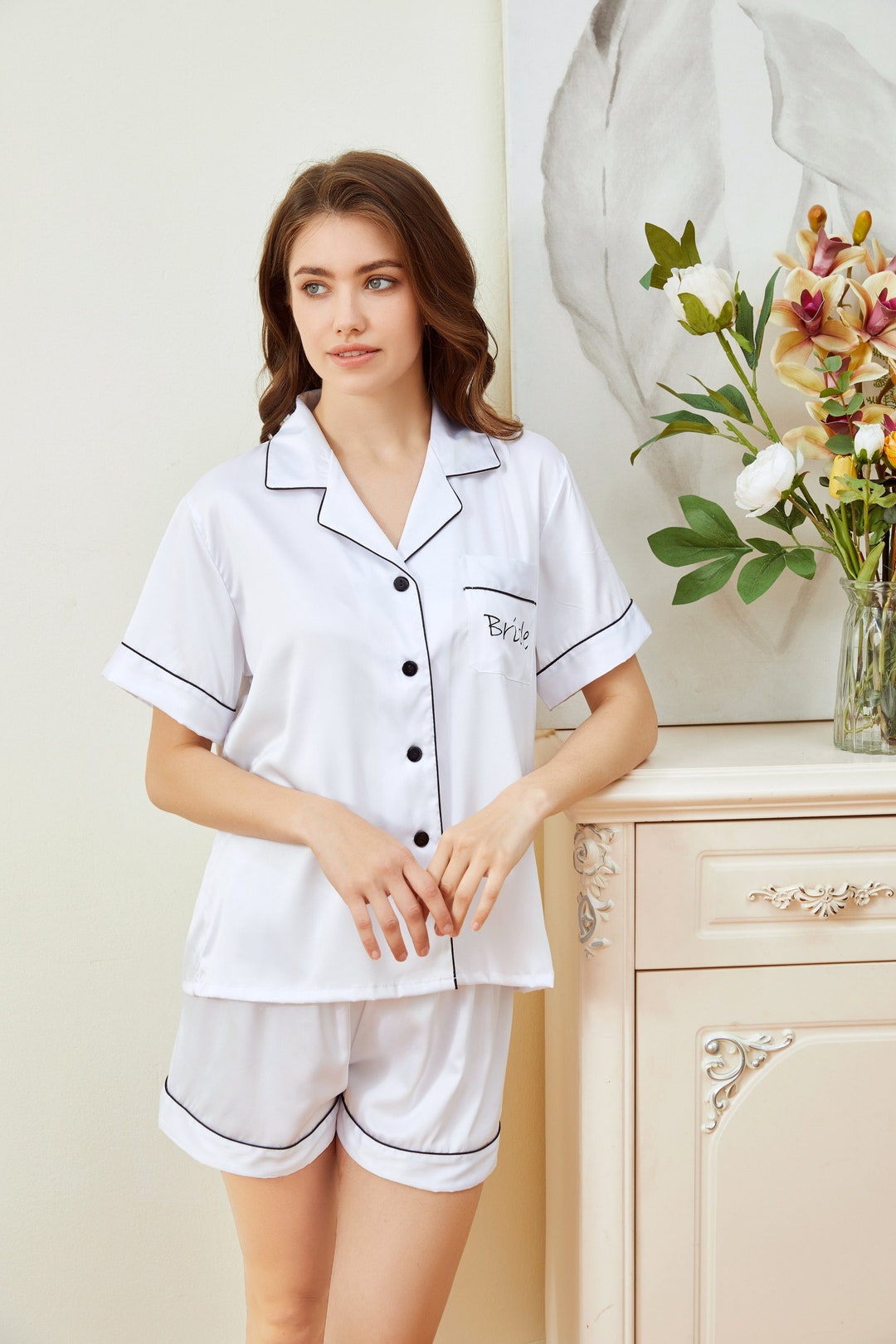 Bridesmaid Pajama Set, White Satin Pajama Set, Wedding Pajamas ...