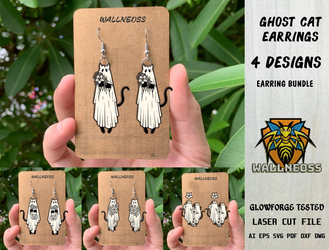 Floral Ghost Cat Earrings SVG Bundle, Cute Ghost Cat Svg, Floral Ghost ...