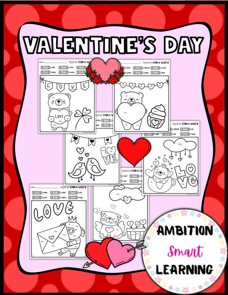 Valentine's Day Color by Sight Word Cute Animals, Coloring Sheets ...