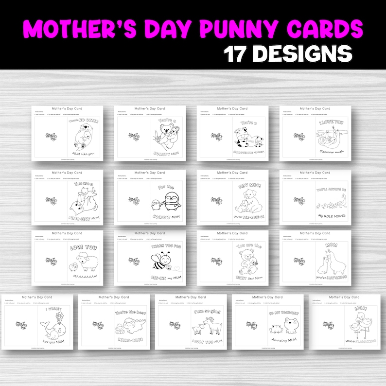 Mother's Day Printable Punny Cards to Color | Animal Fun Quotes | Punny ...