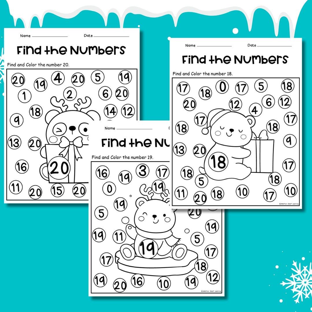 Number Recognition, Find and Color, Christmas and Winter Worksheets 0 ...
