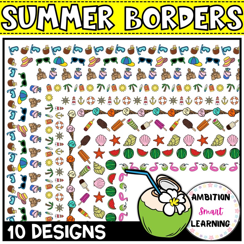 Summer Borders Clip Art Sand Castles Shells Popsicles - Etsy
