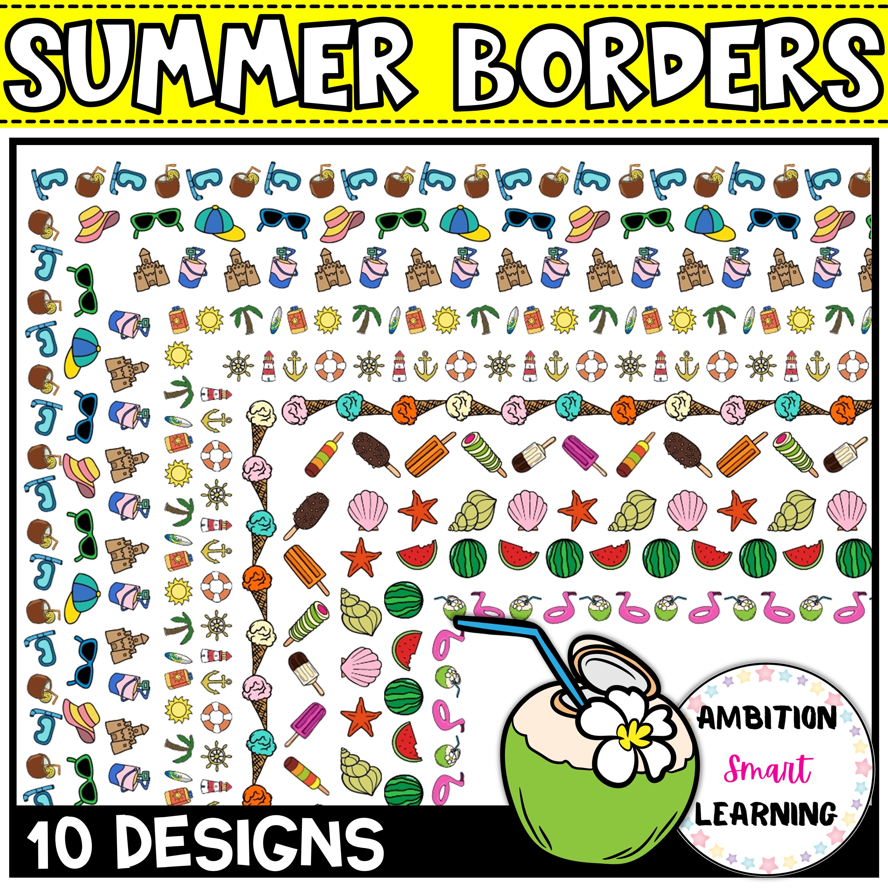 Summer Borders Clip Art, Sand Castles, Shells, Popsicles, Watermelon ...