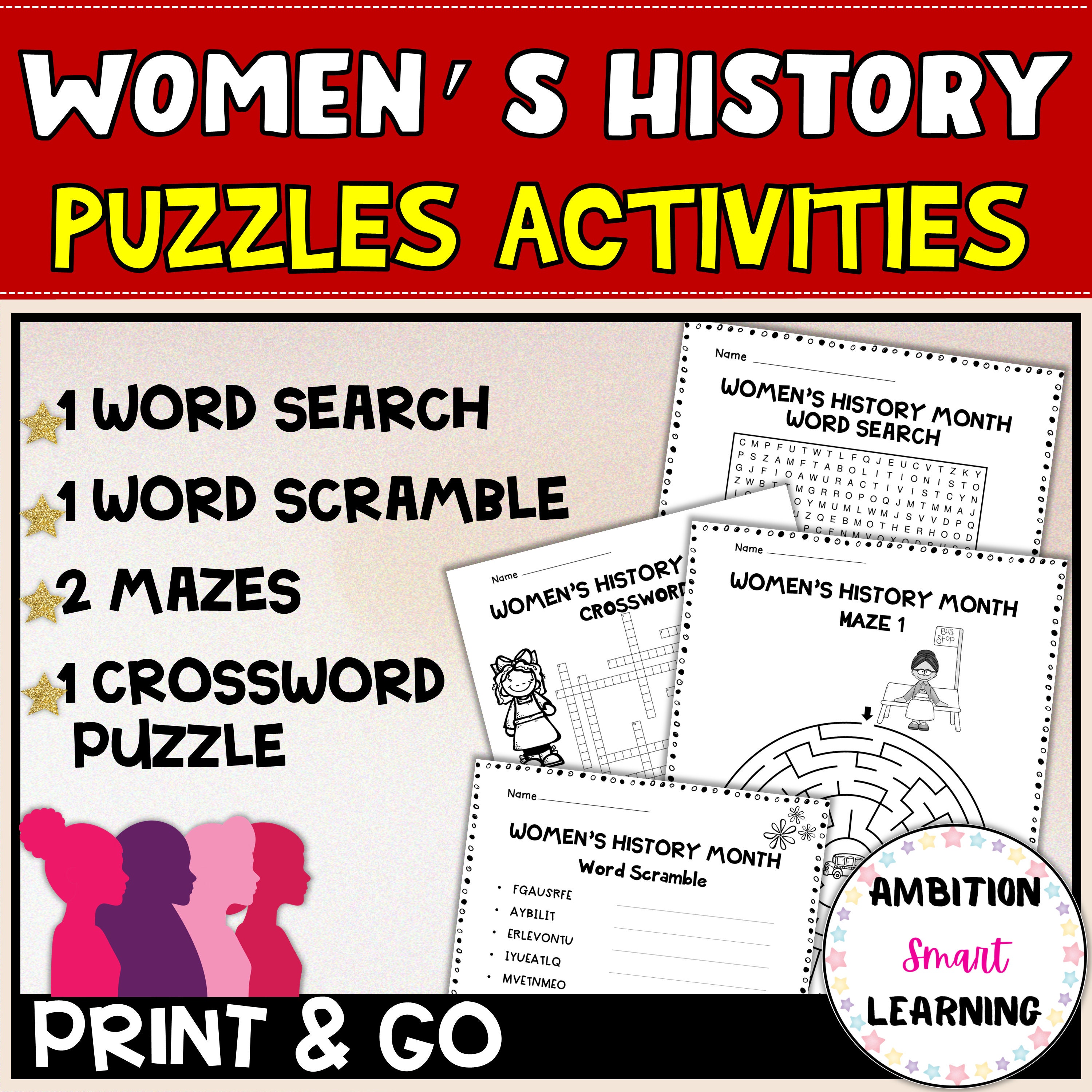 Women's History Month Puzzles Word Search, Word Scramble, Crossword ...