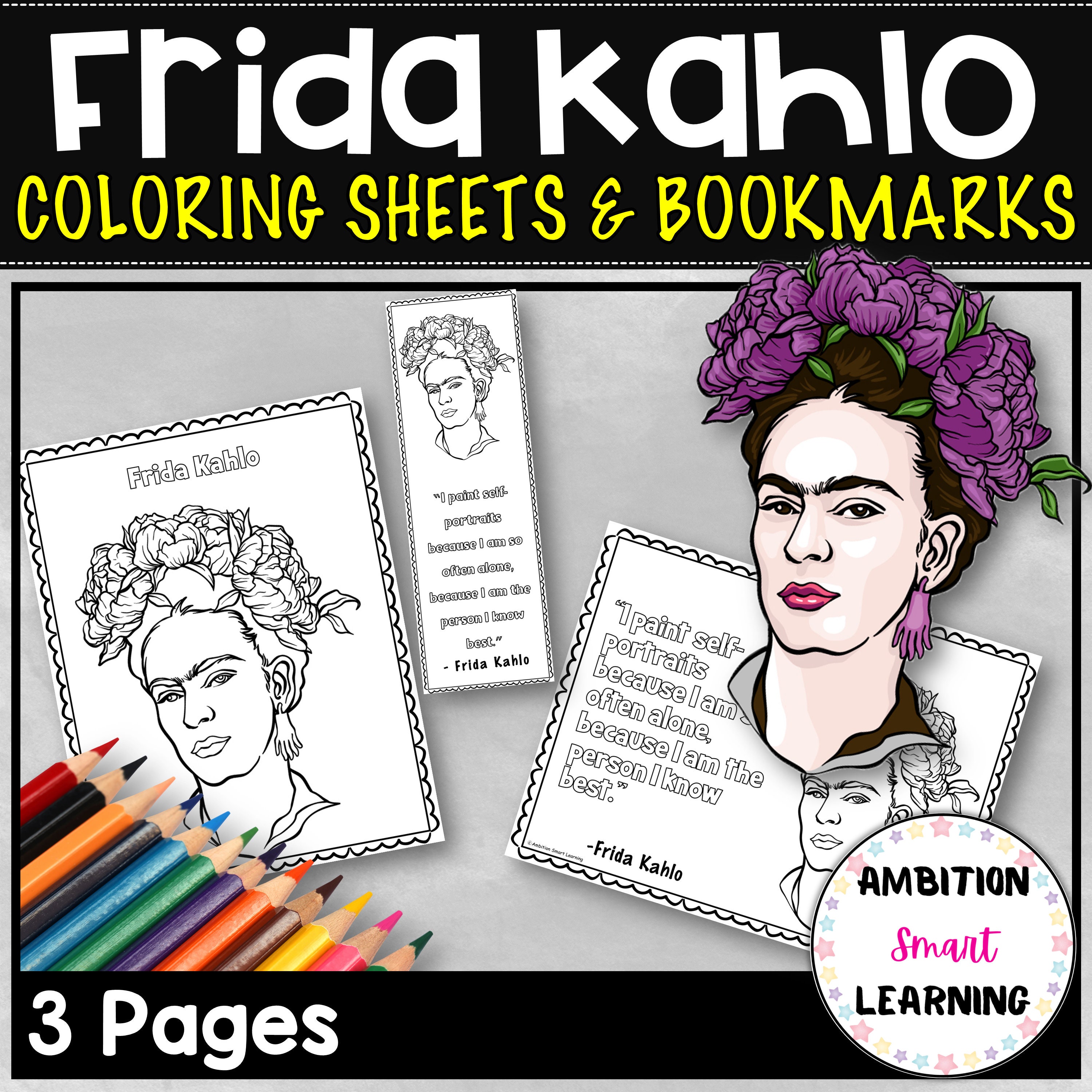 Frida Kahlo Hispanic Heritage Month Coloring Sheets and Bookmarks - Etsy
