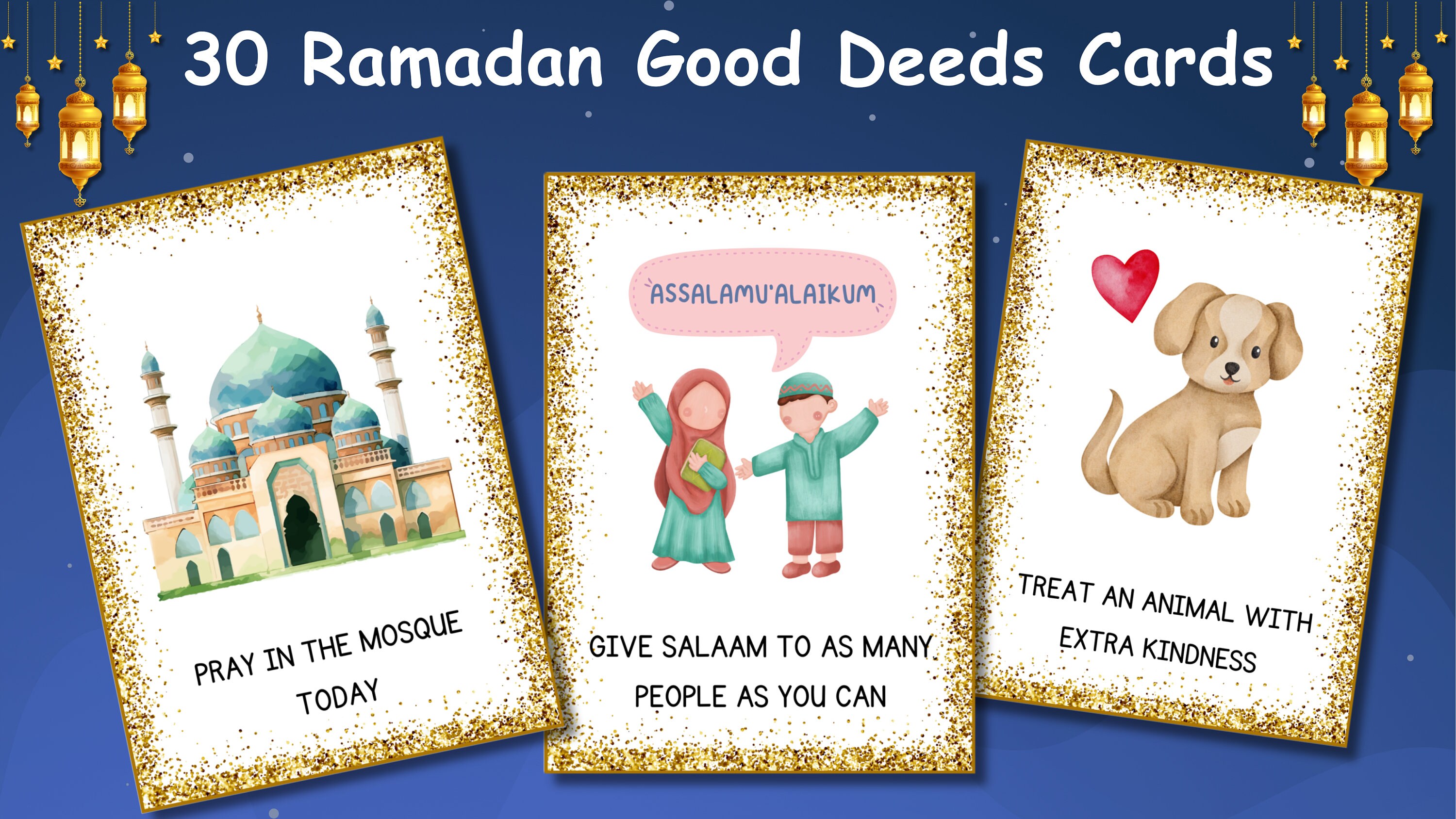 Ramadan Good Deeds Cards, Glitter Cards for Kids, Prayer Cards, Islamic ...