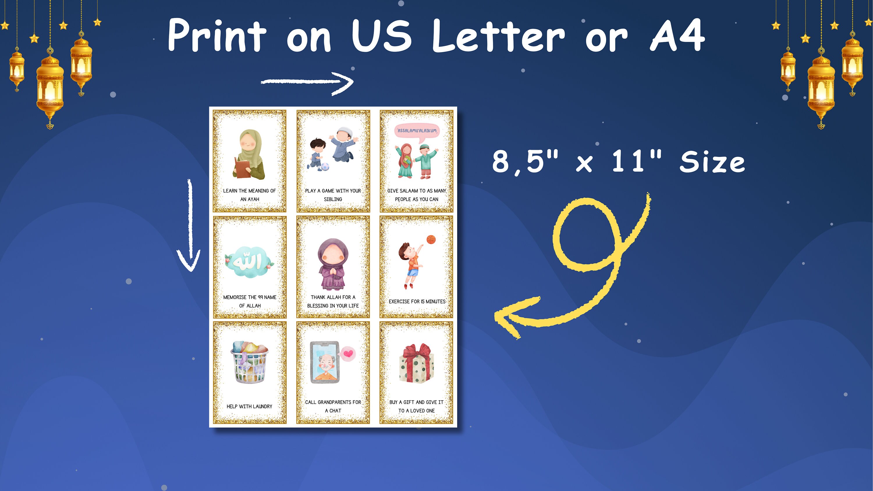 Ramadan Good Deeds Cards, Glitter Cards for Kids, Prayer Cards, Islamic ...