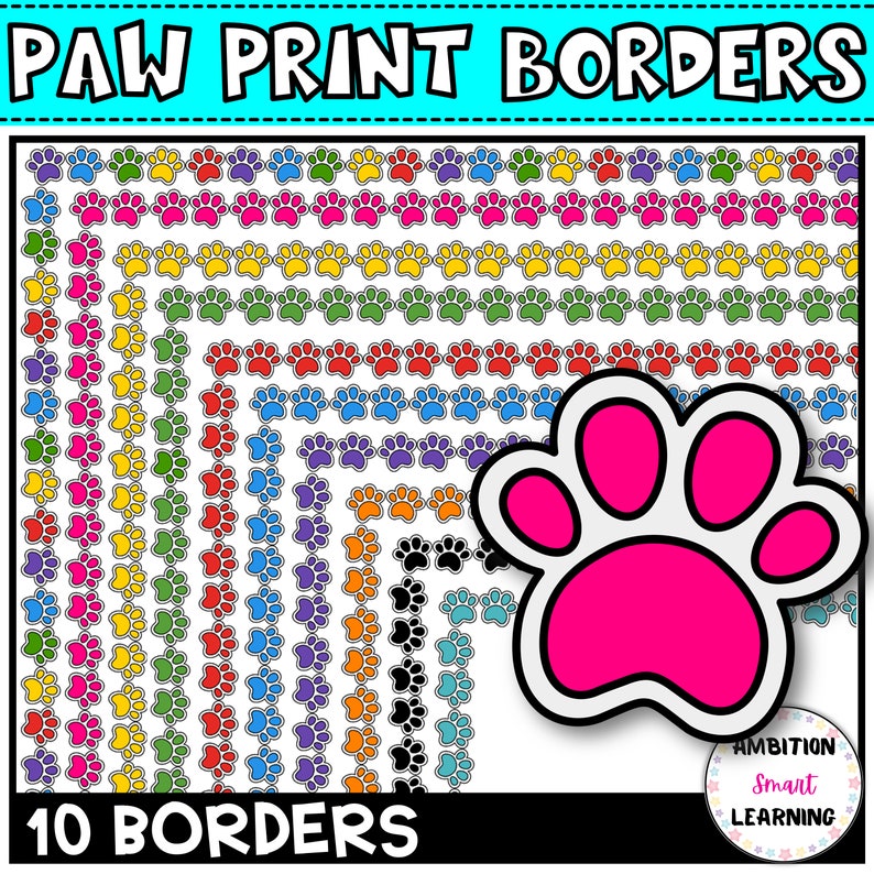 Paw Print Borders Clip Art, Seamless Tinted Paw Prints Digital Papers ...