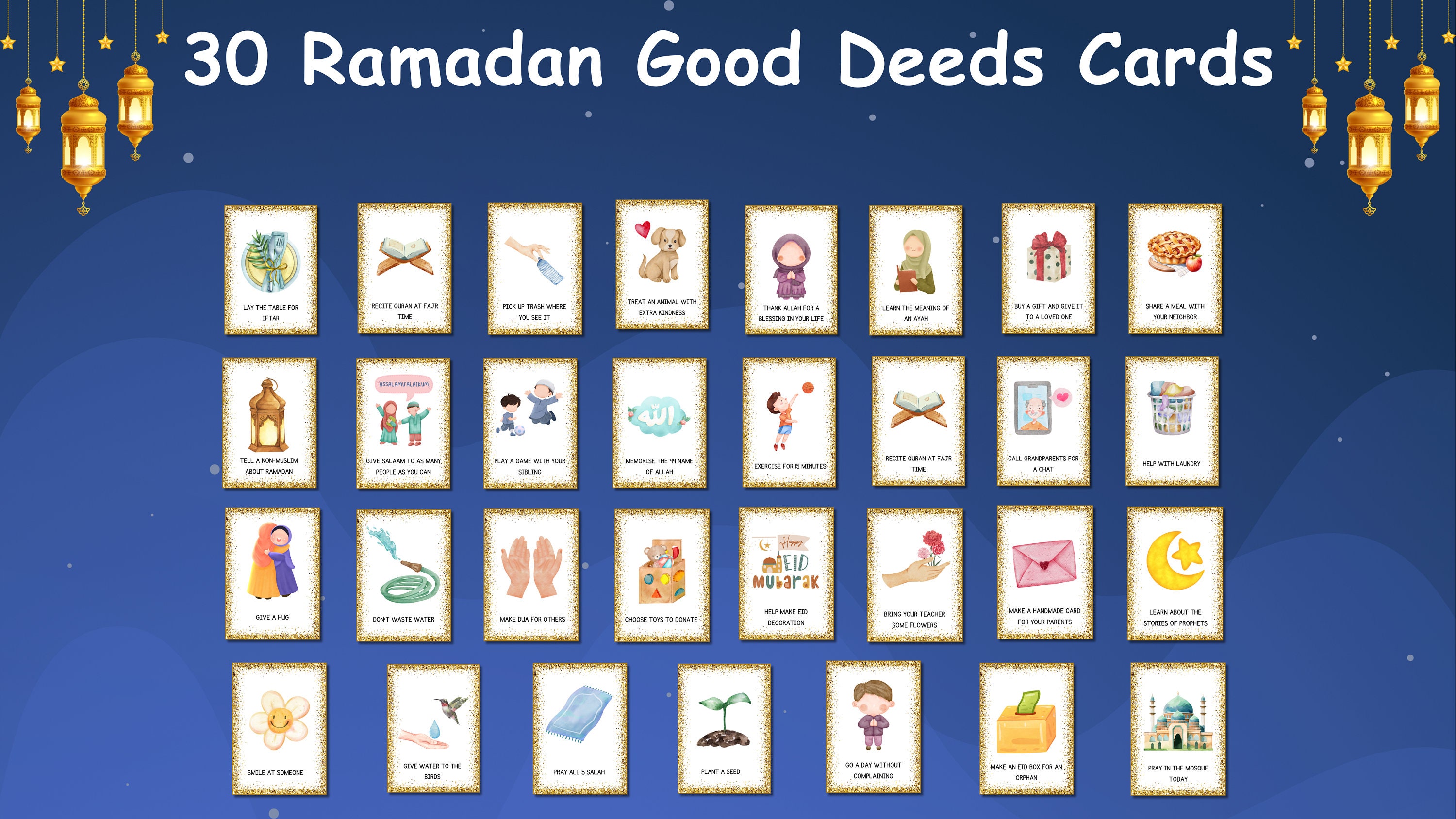 Ramadan Good Deeds Cards, Glitter Cards for Kids, Prayer Cards, Islamic ...