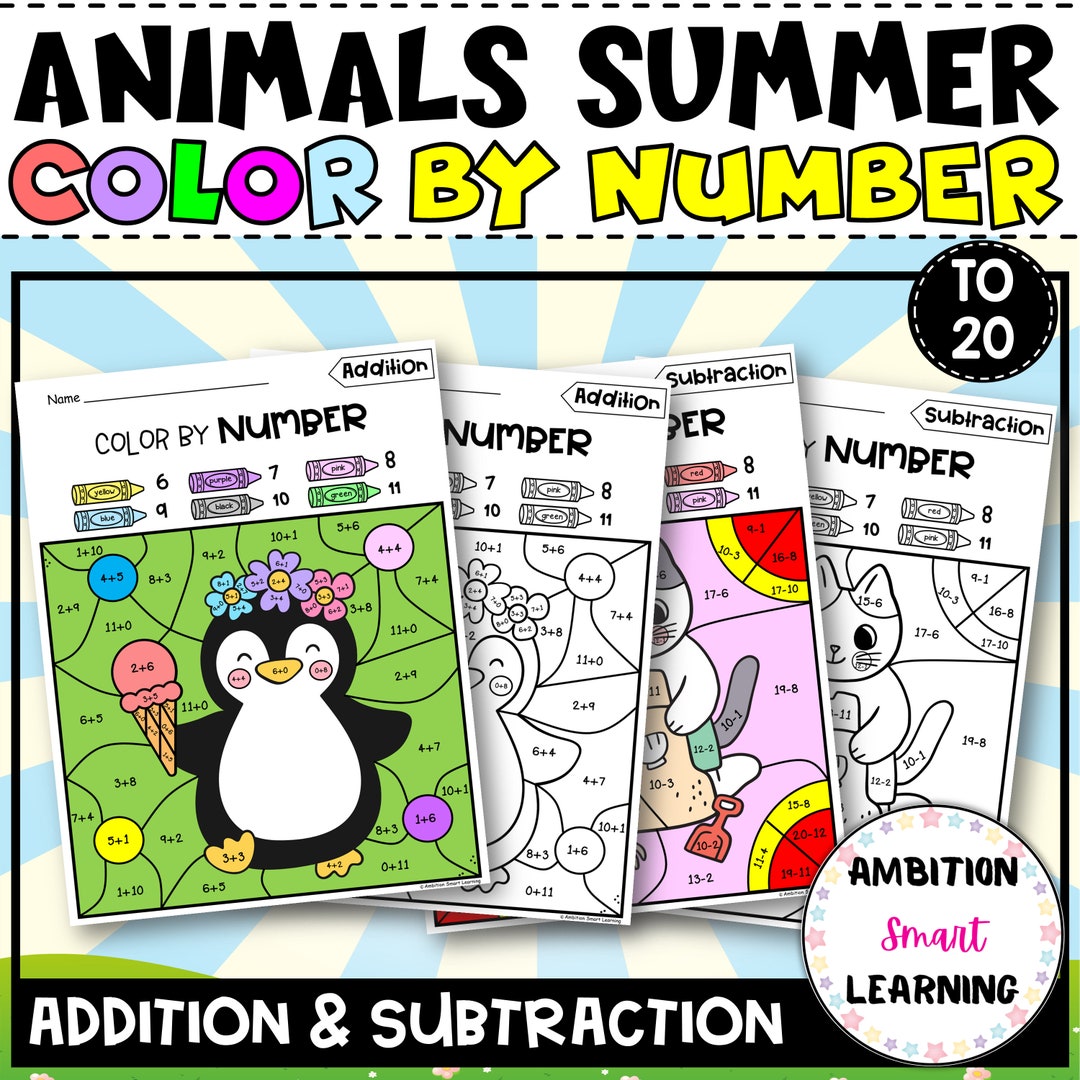 Color by Number | Cute Animals in Summer | Addition and Subtraction to ...