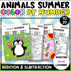 Color by Number | Cute Animals in Summer | Addition and Subtraction to ...
