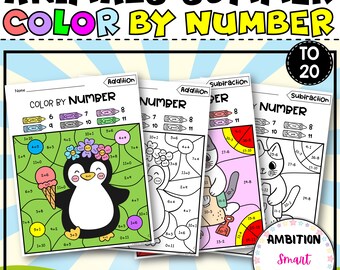 Color by Number, Cute Animals in Winter, Addition and Subtraction to 20 ...