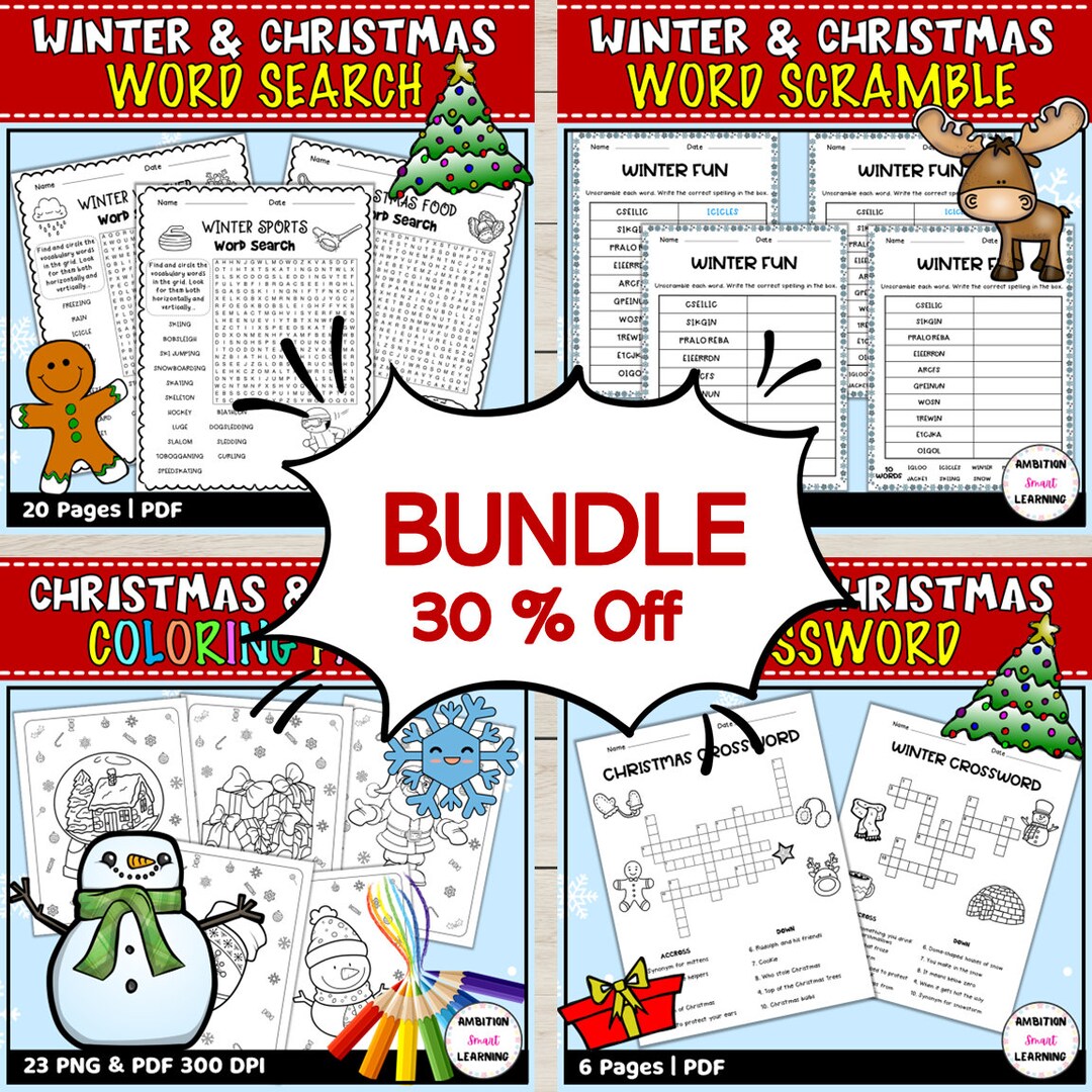 Winter Printable Activity Bundle Including Word Search, Coloring Pages ...