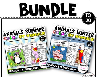 Color by Number | Cute Animals in Summer | Addition and Subtraction to ...