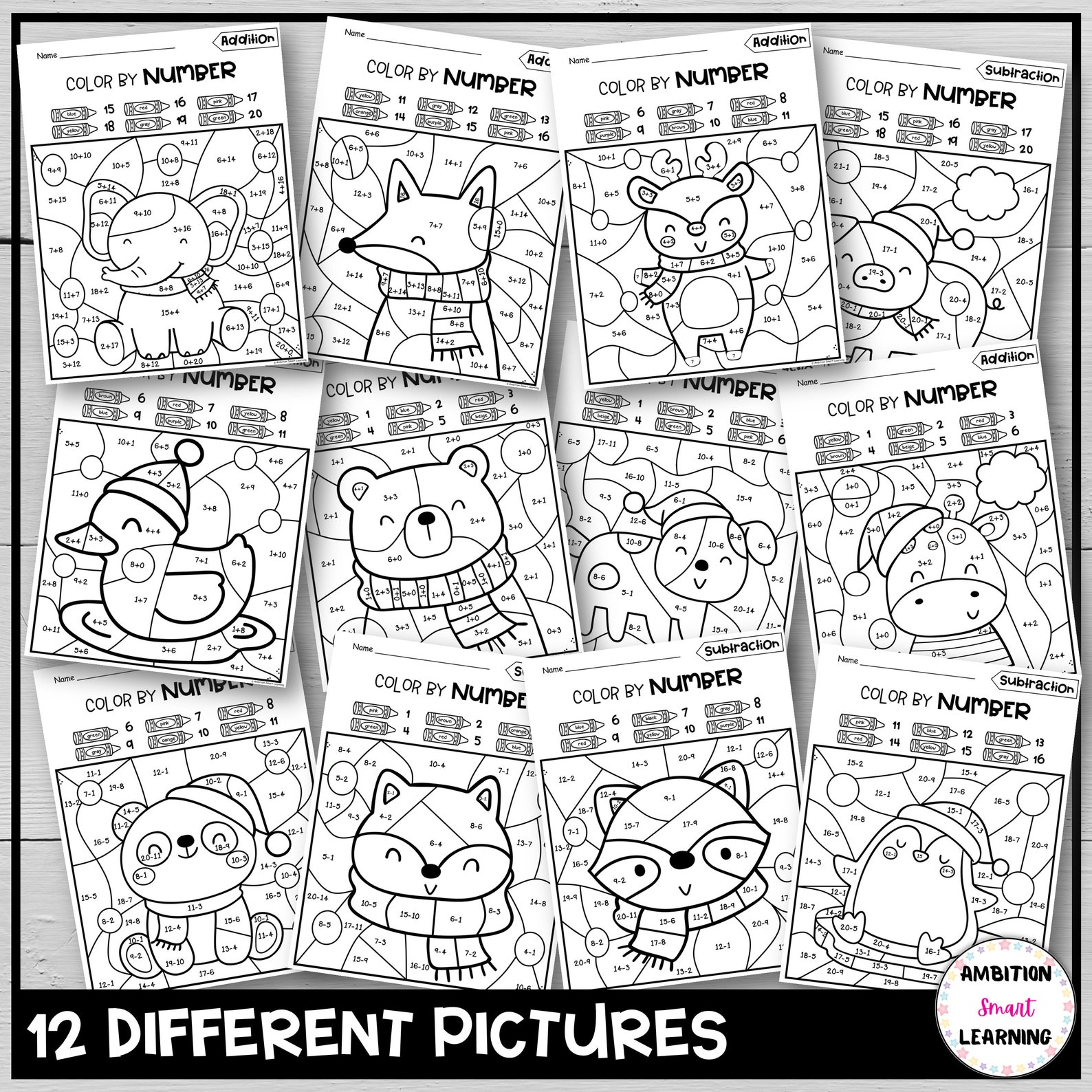 Color by Number, Cute Animals in Winter, Addition and Subtraction to 20 ...