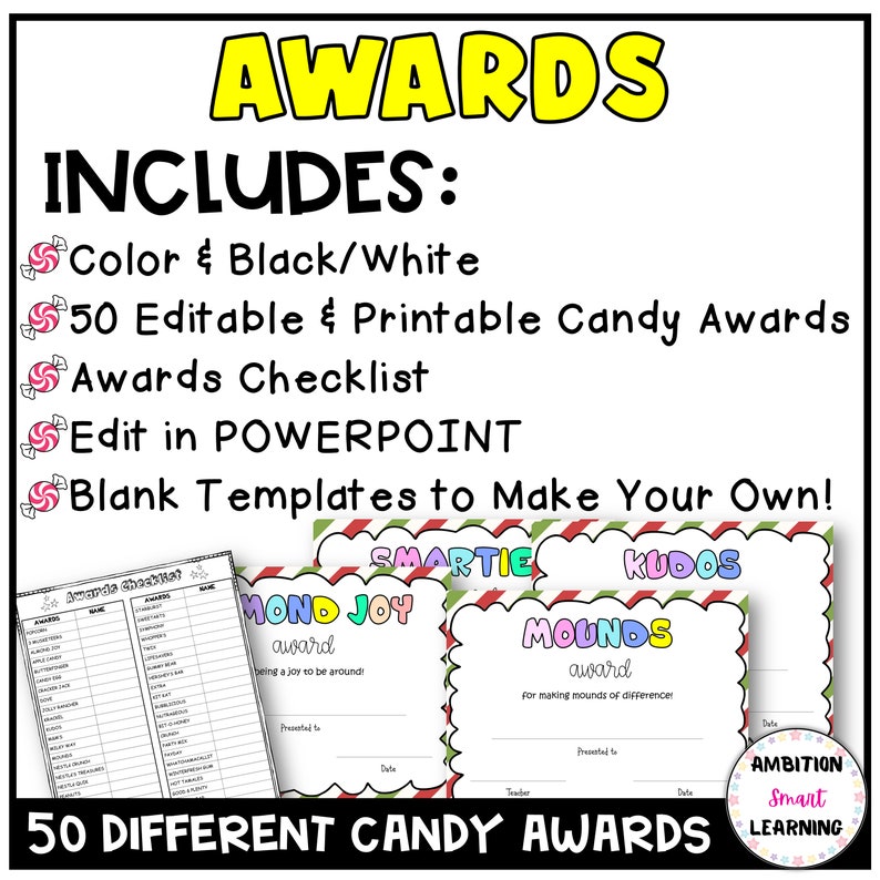 End of the Year Awards Certificates Class Candy Awards Day, Editable ...