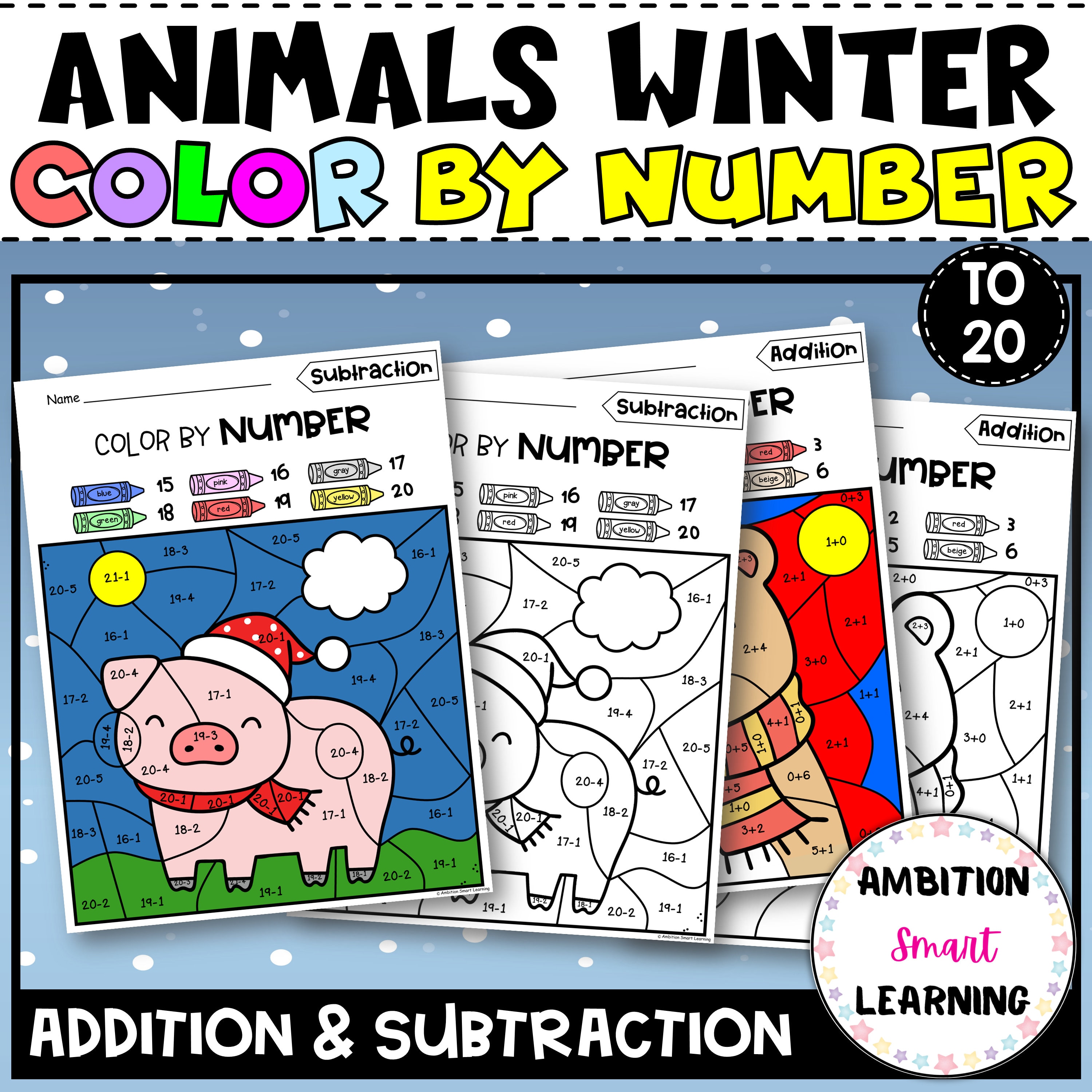 Color by Number Cute Animals in Winter Addition and - Etsy