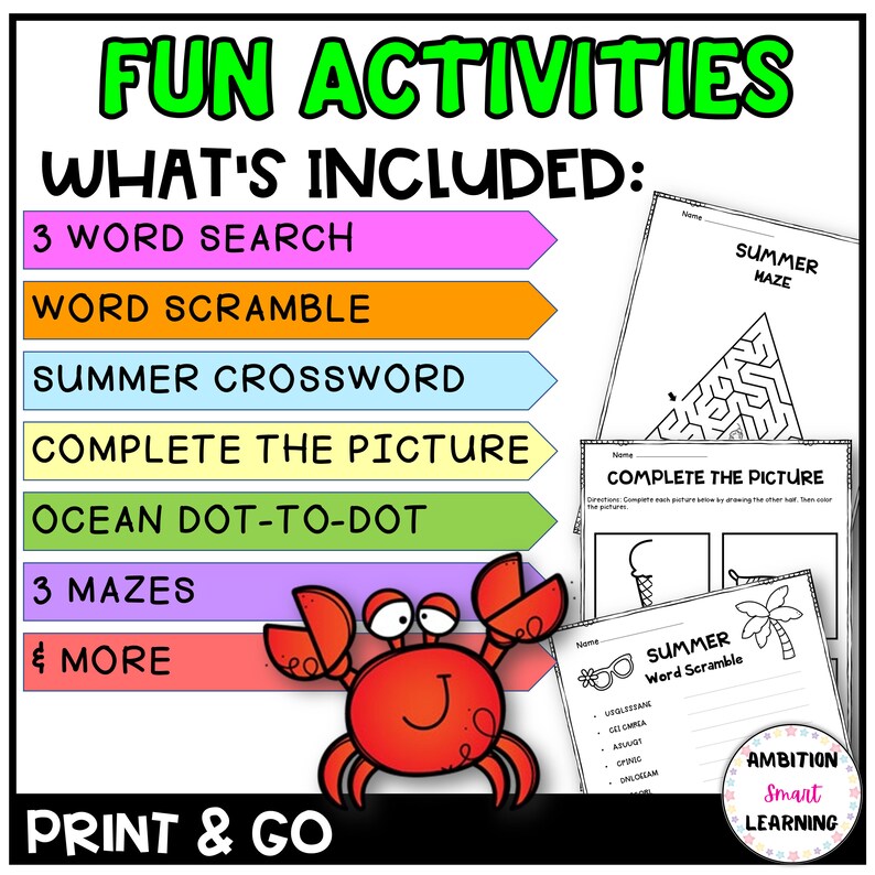 End of Year FUN Activity No Prep Summer Break Puzzles, Coloring Pages ...