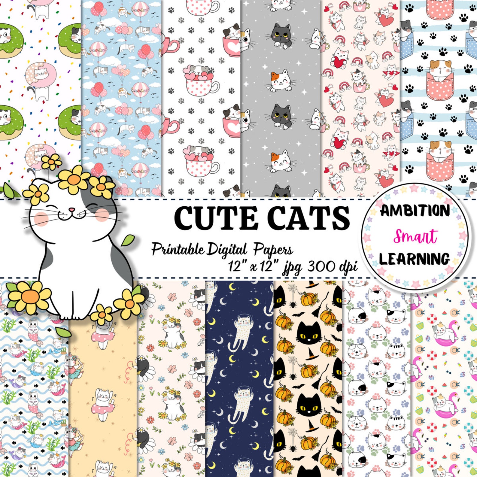 Digital Paper Printable Clipart Cute Cats Scrapbooking Digital Paper ...