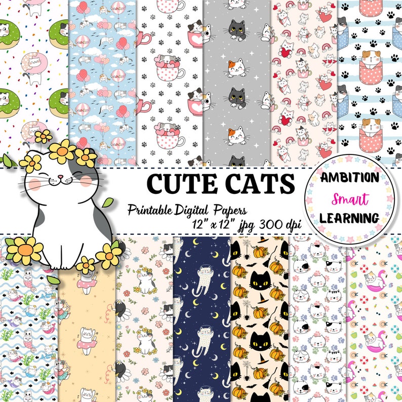 Digital Paper Printable Clipart Cute Cats Scrapbooking Digital Paper ...