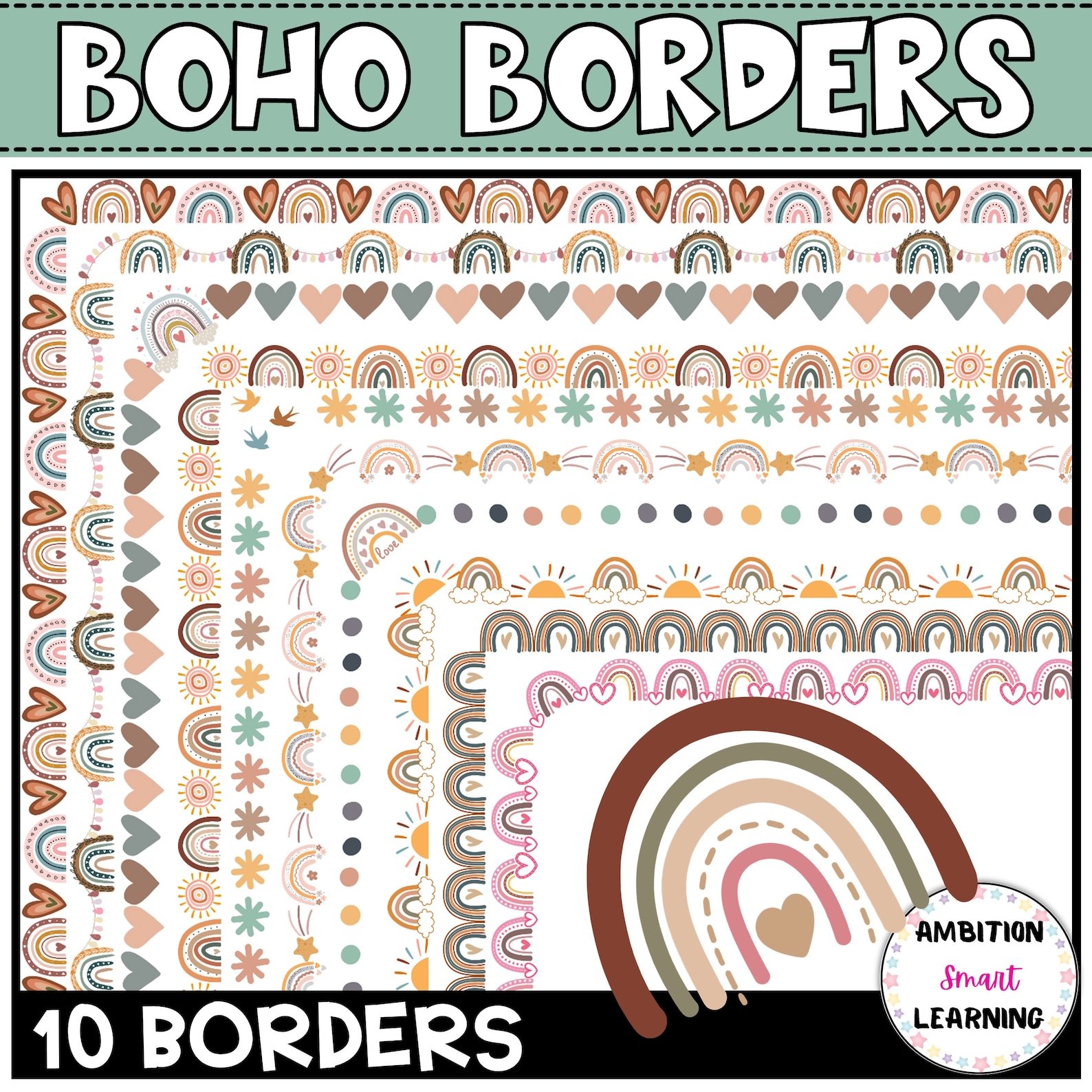 Boho Rainbow Borders Clip Art, Decorative Element, Page Border Journal ...