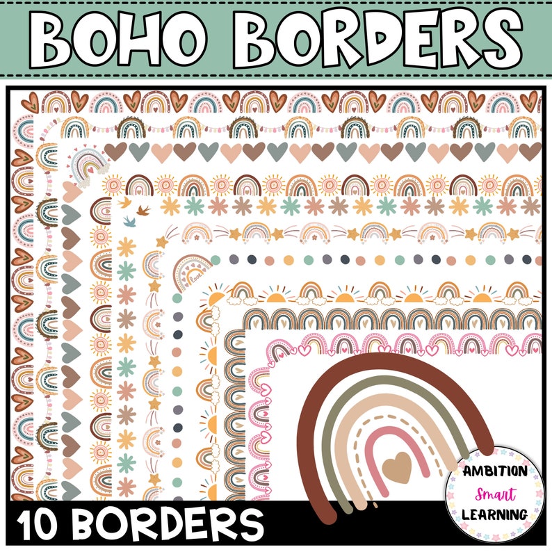 Boho Rainbow Borders Clip Art, Decorative Element, Page Border Journal ...