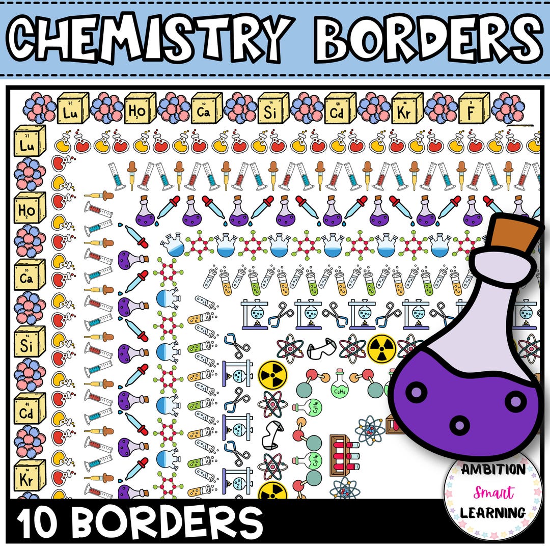 Science Chemistry Borders Flasks, Test Tubes, Radiation, Atom, Periodic ...