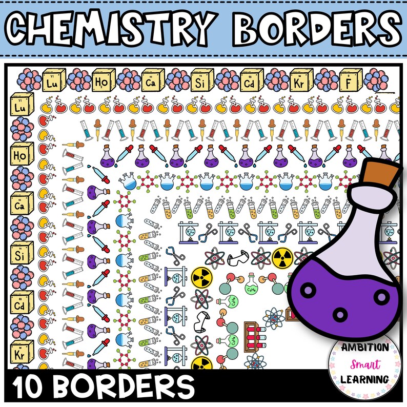 Science Chemistry Borders Flasks, Test Tubes, Radiation, Atom, Periodic ...