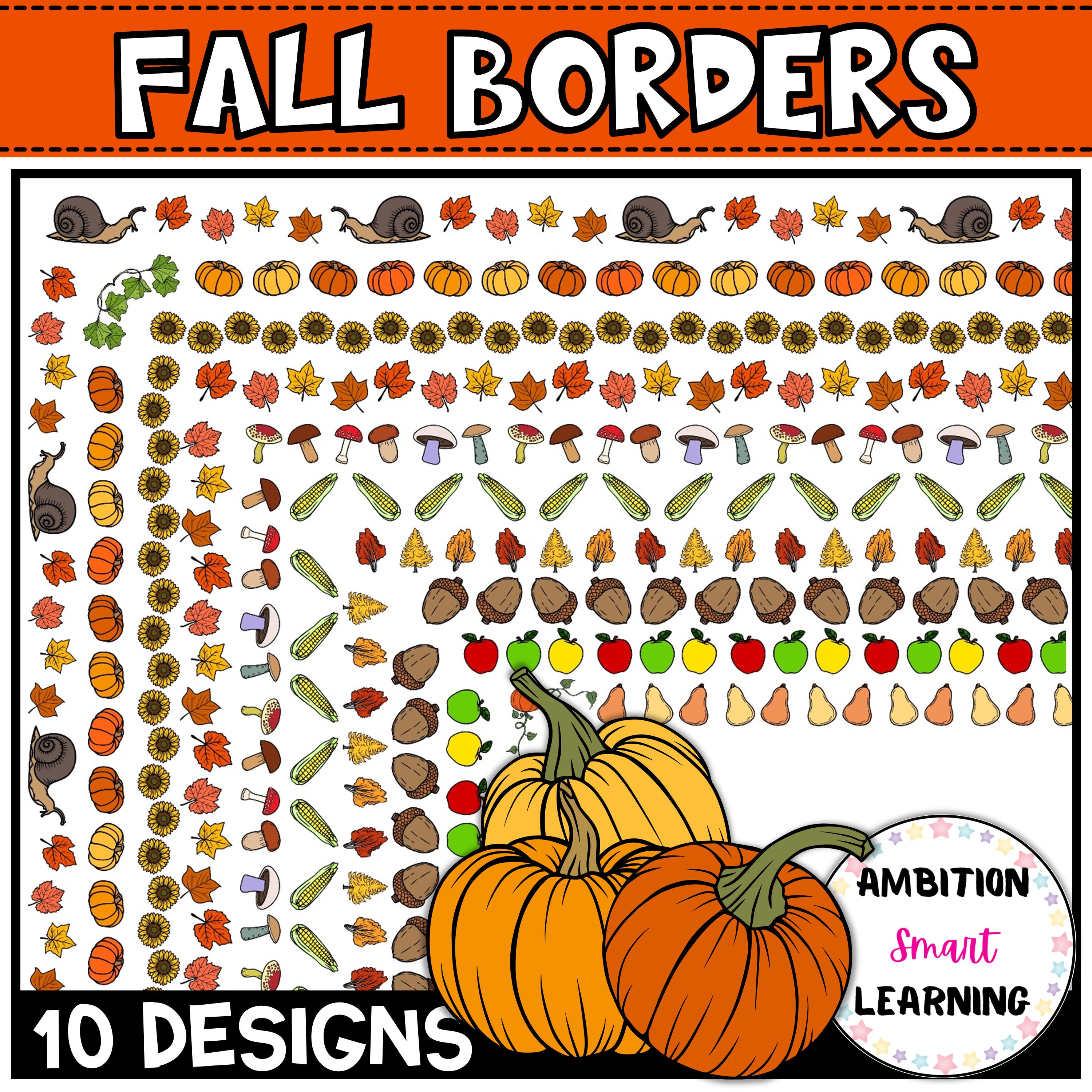Autumn Borders, Fall Borders Clip Art, Leaves, Pumpkins, Acorns ...